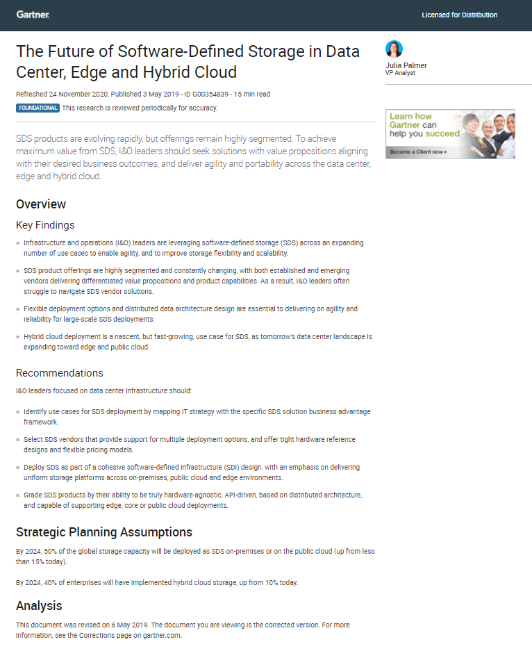 Gartner Future of SDS in Data Center, Edge and Hybrid Cloud
